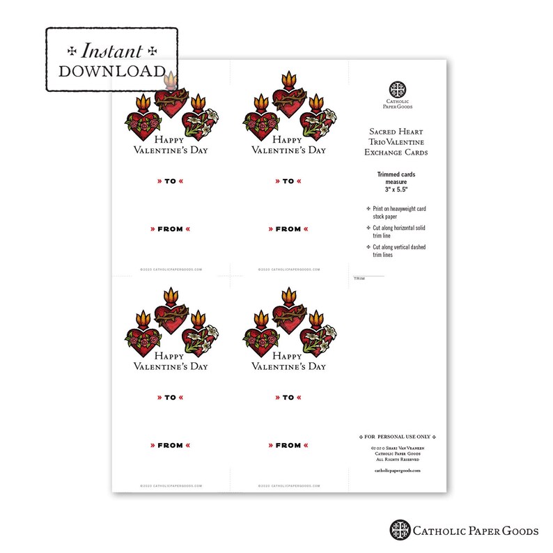 Catholic Sacred Heart Trio Valentine Exchange Cards - Etsy