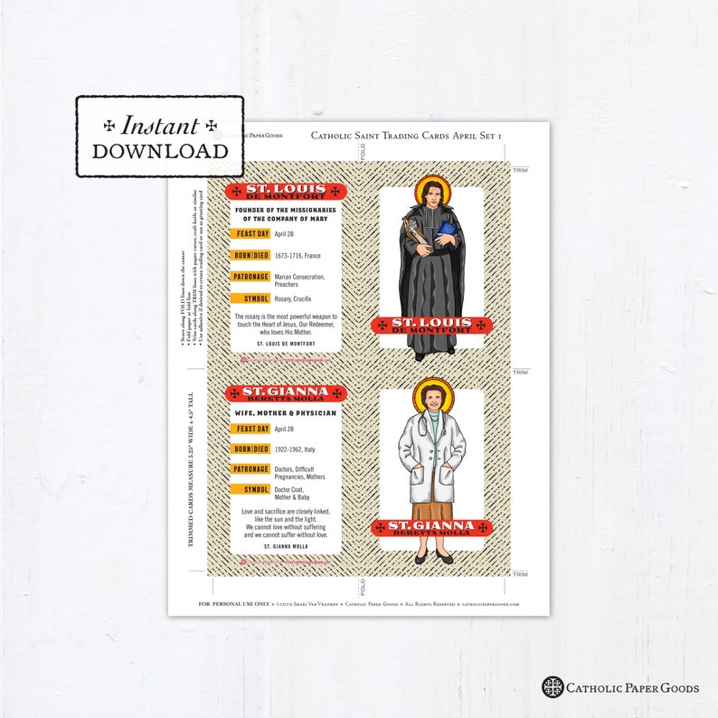 Catholic Saint Trading Cards: April Set #1 + Coloring Pages (printable ...