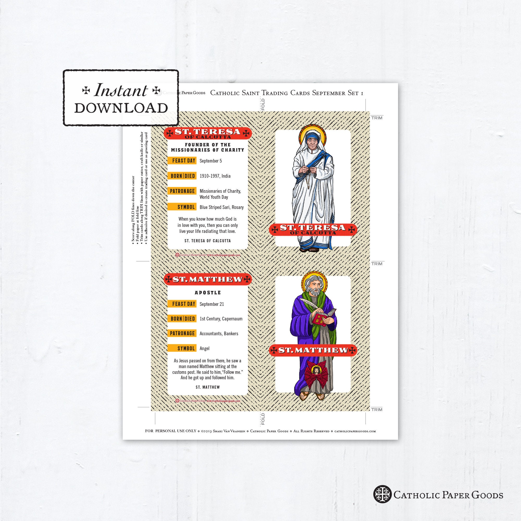 Catholic Saint Trading Cards September Set #1 - Printable - PLUS Bonus ...