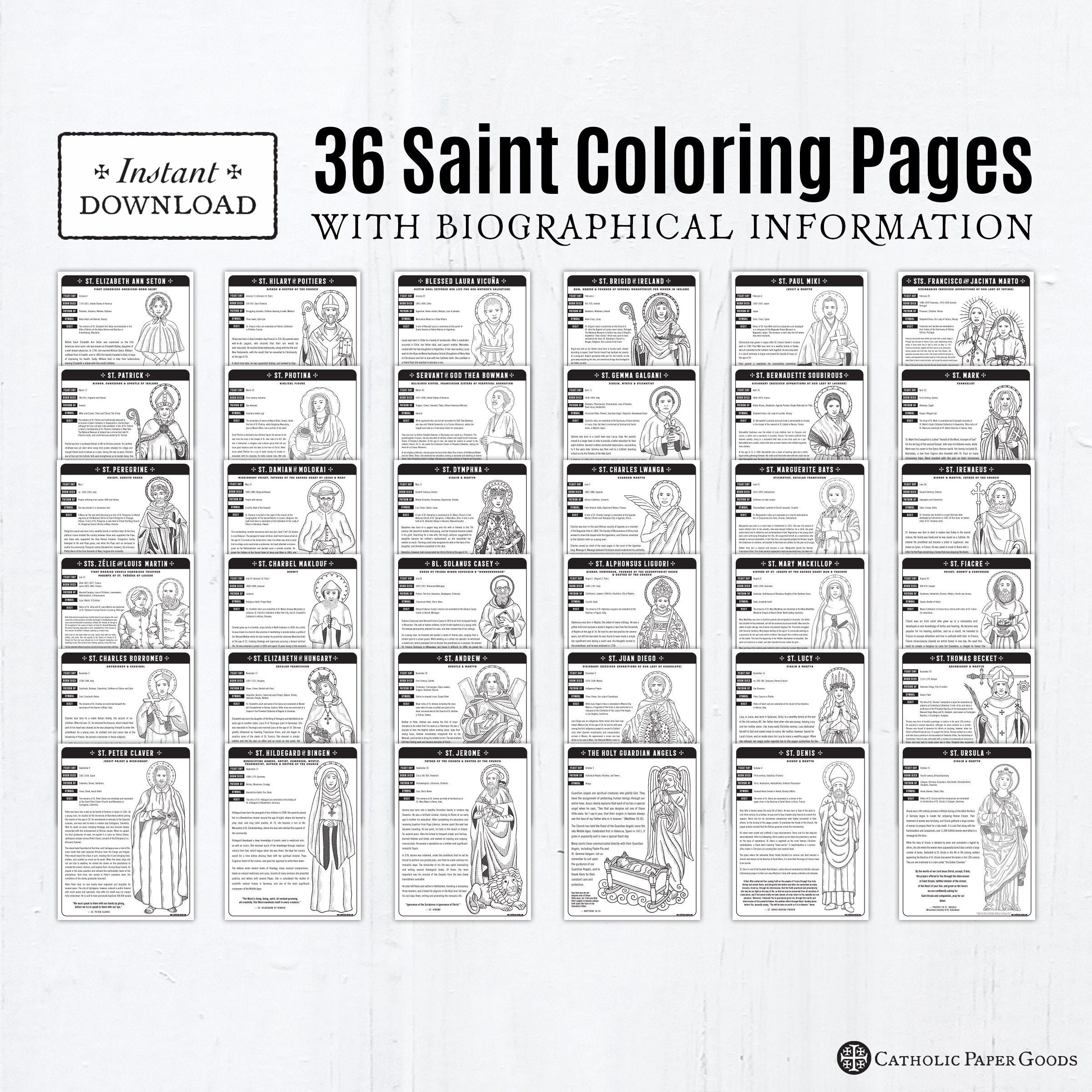 36 Catholic Saint Coloring Pages with Biographical Information, Bundle ...
