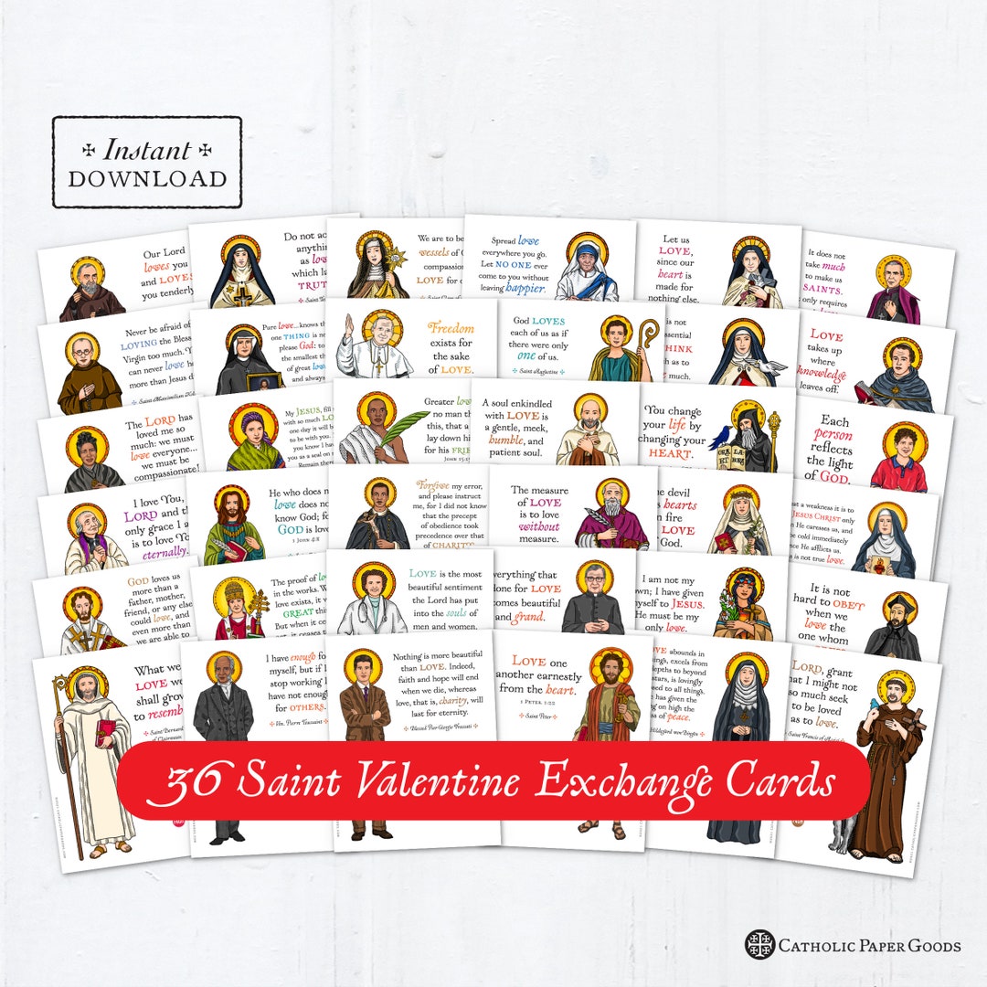 Catholic Saints Valentine Exchange Cards Bundle of 36 Full Color ...