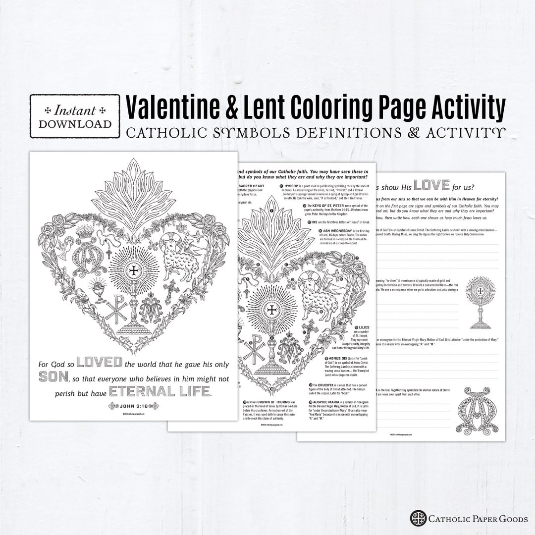 Catholic Valentine Lent Symbols Coloring Page: Printable Activity (PDF ...