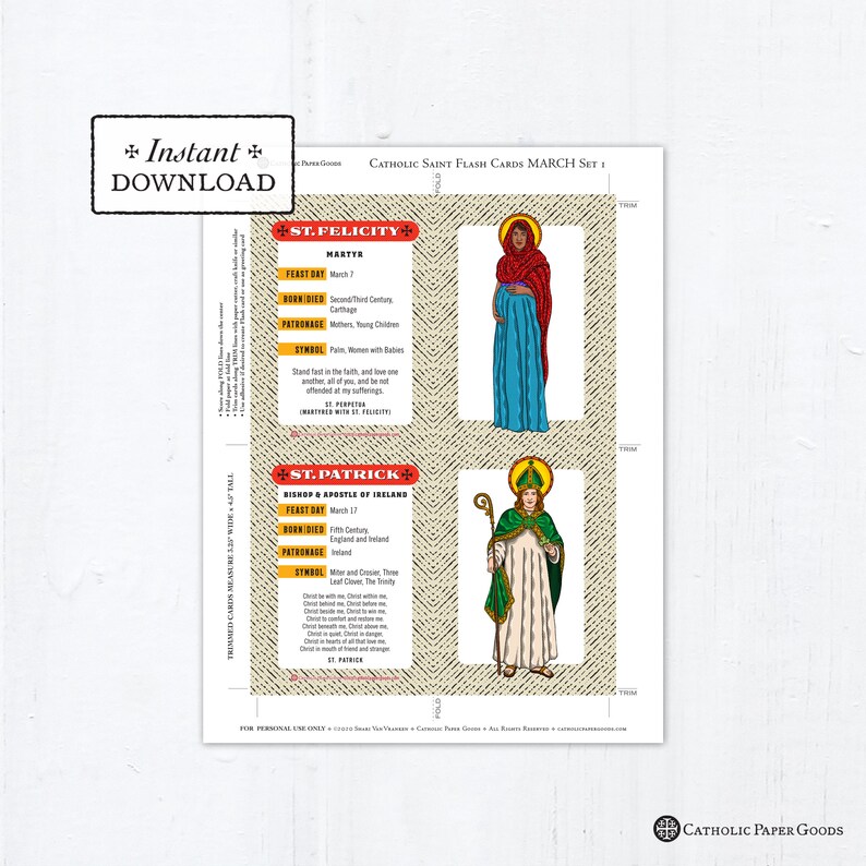 Catholic Saint Flash Cards March Set #1 - Printable - PLUS Bonus ...