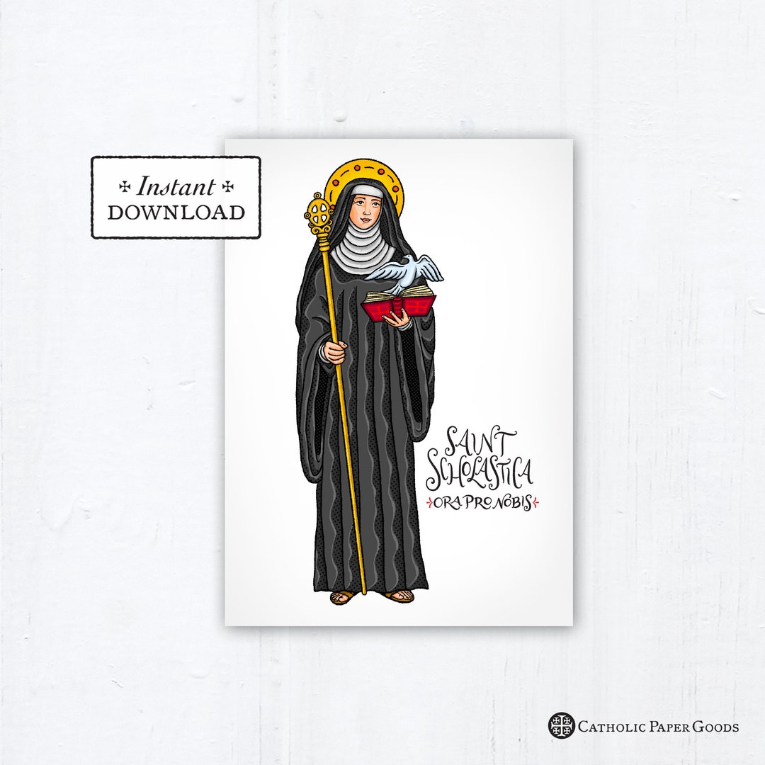 Saint Scholastica Card, Art Print, Instant Download, DIY Downloadable PDF 5"x7" Catholic Saint ...