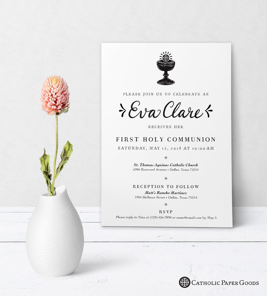 Catholic First Communion Invitation Customizable Hand-lettered Black ...