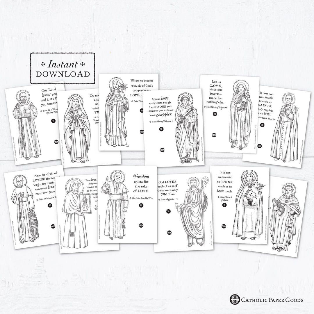 Catholic Saints Valentine Cards: Coloring Page Exchange Set (DIY ...