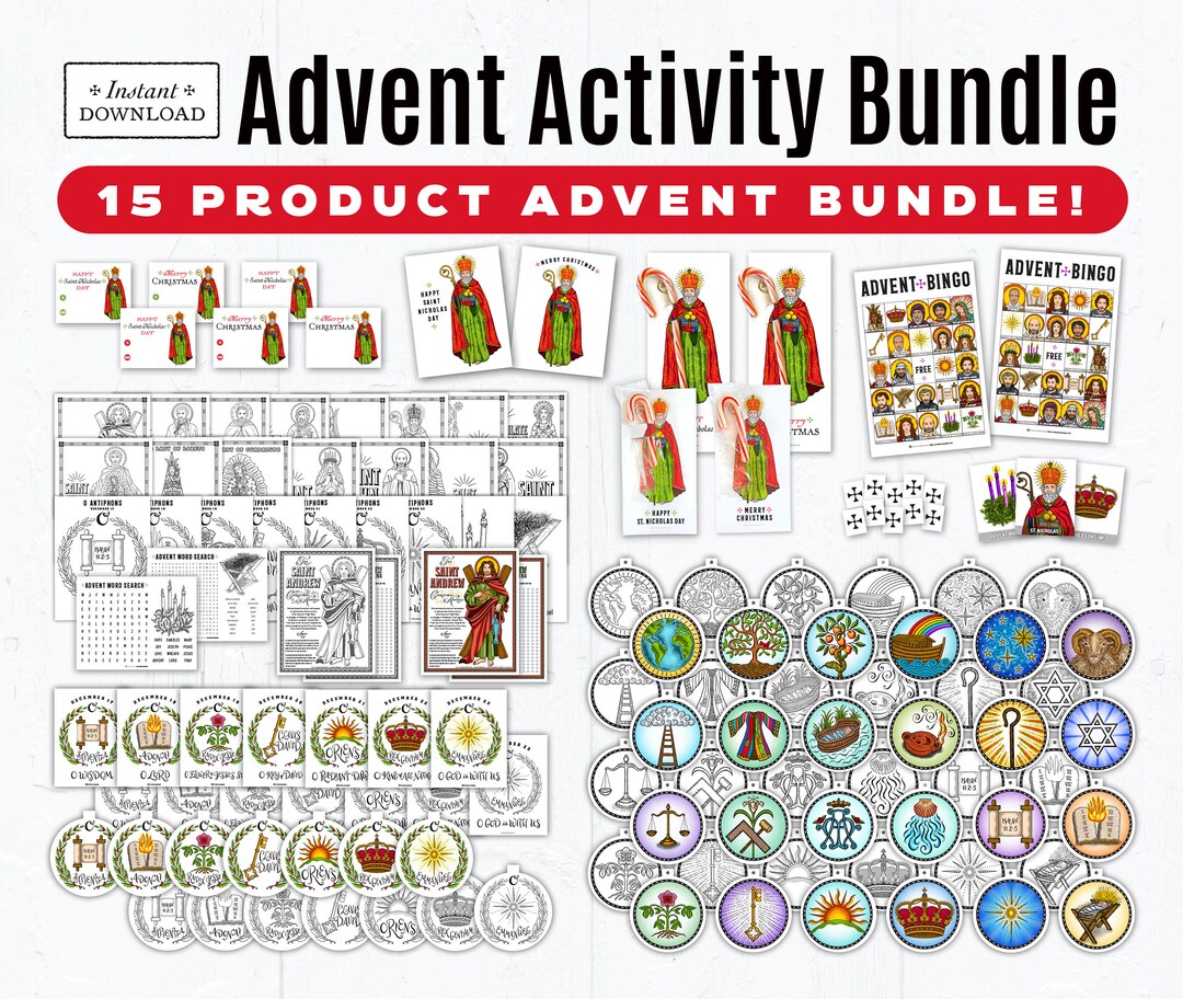 Advent PDF Bundle: Bingo, Coloring Pages, Jesse Tree Ornaments, O Antiphon Ornaments & Cards, St ...