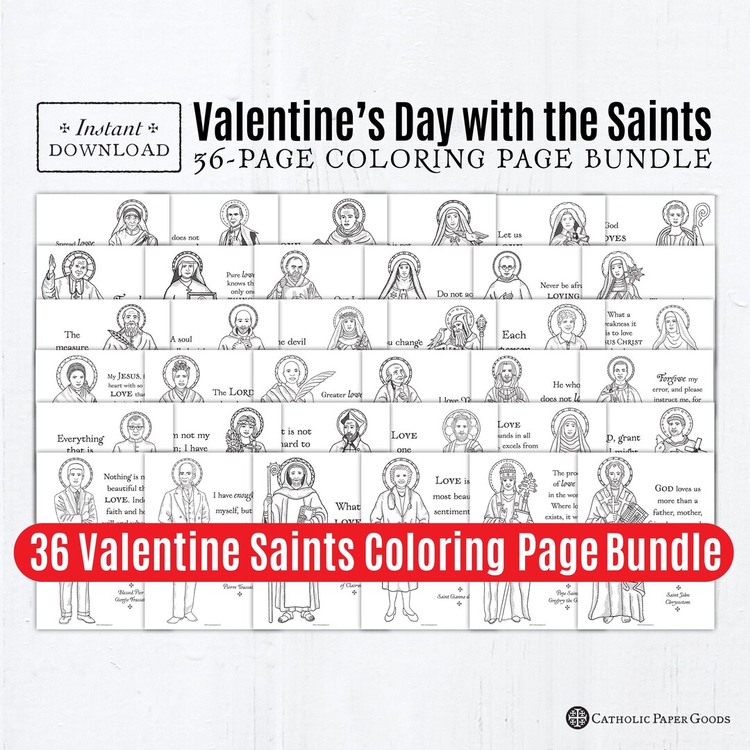 Catholic Saints Valentine Coloring Page Bundle of 36 Black & White ...