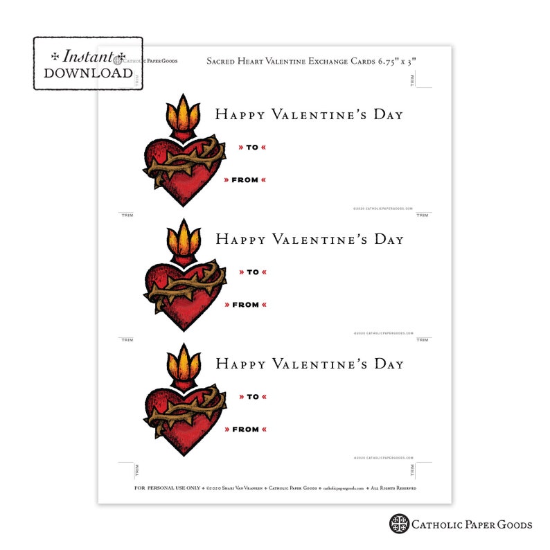 Sacred Heart Immaculate Heart Chaste Heart Valentine Exchange Cards ...