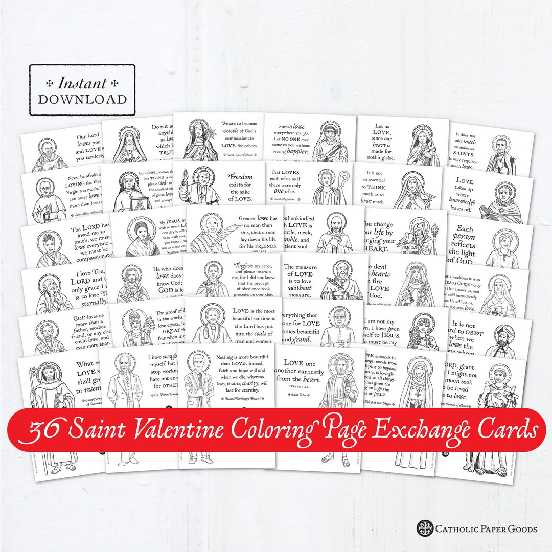 Catholic Saints Coloring Page Valentine Exchange Cards Bundle of 36 ...