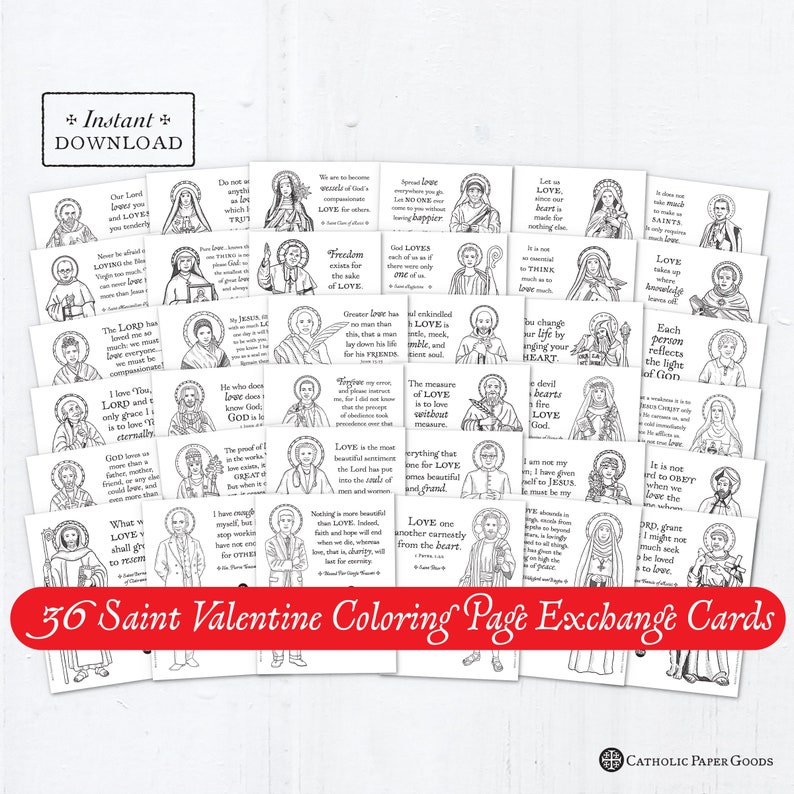 Catholic Saints Coloring Page Valentine Exchange Cards Bundle | Etsy