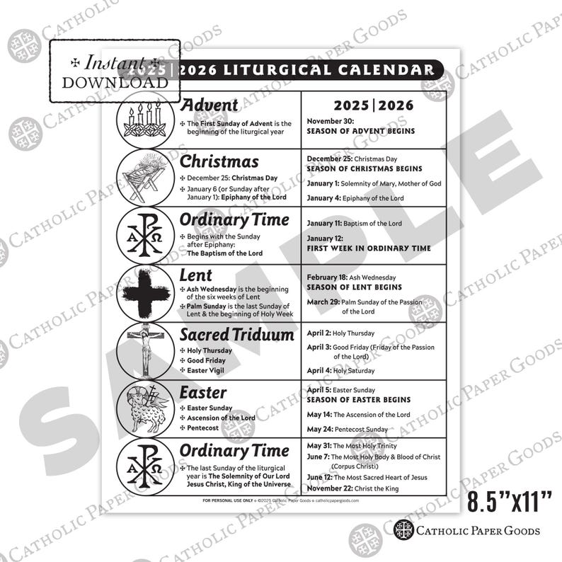 2025-26 Catholic Liturgical Calendar: Color & BW Printable (PDF 8.5x11 ...