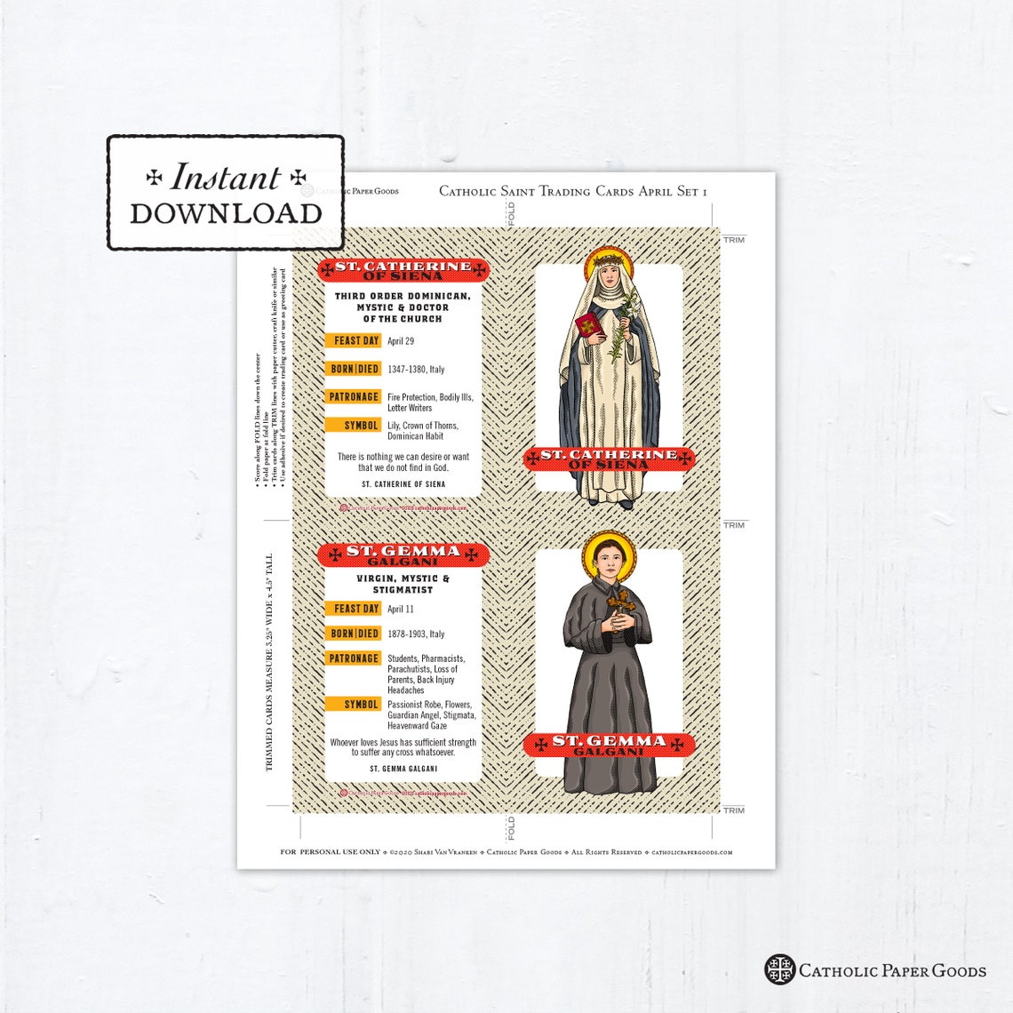Catholic Saint Trading Cards: April Set #1 + Coloring Pages (printable ...