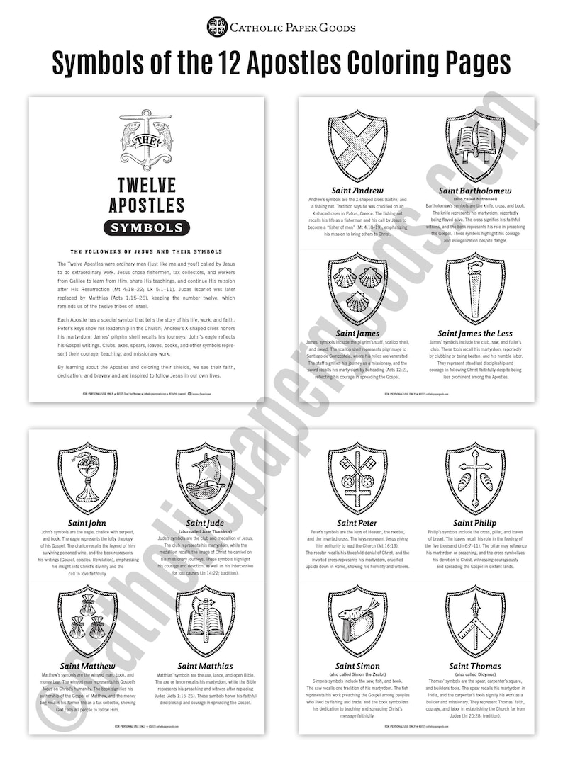 The 12 Apostles Symbols Coloring Pages, Printable Catholic Coloring ...