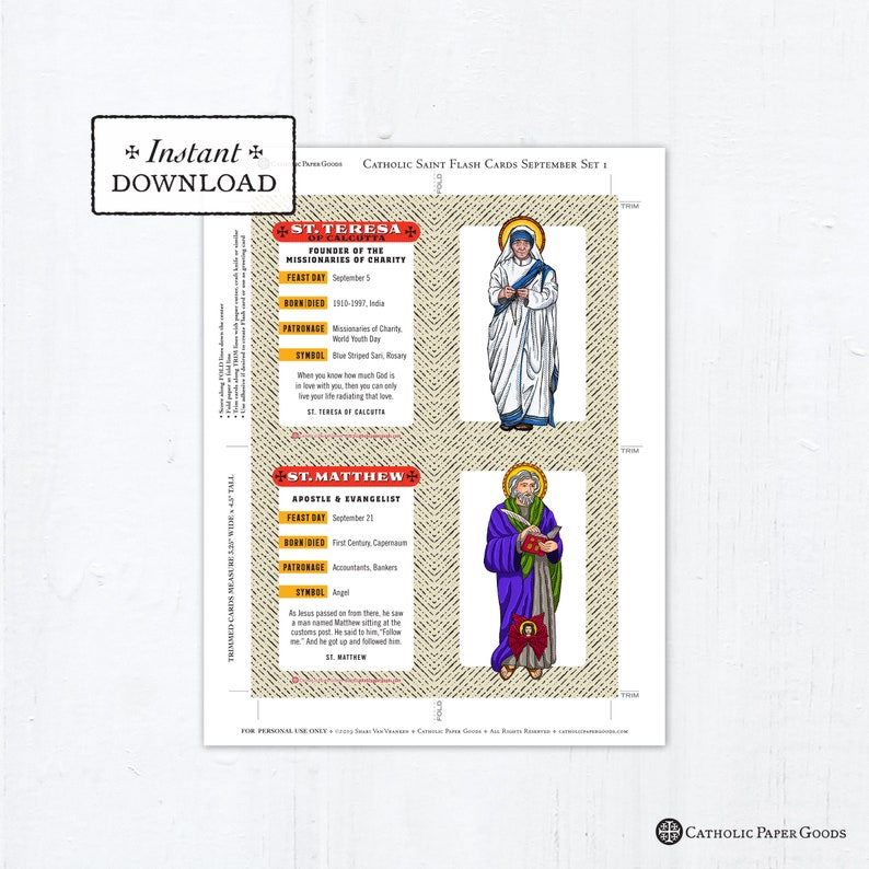 Catholic Saint Flash Cards September Set 1 Printable PLUS | Etsy