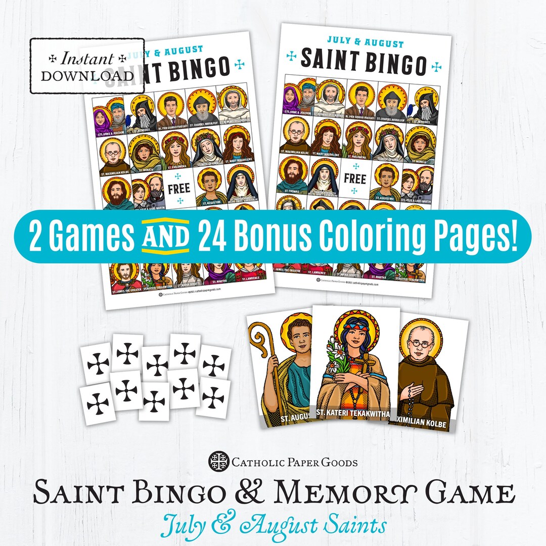 Catholic Saint Bingo & Memory Game With 24 Coloring Pages: July August ...