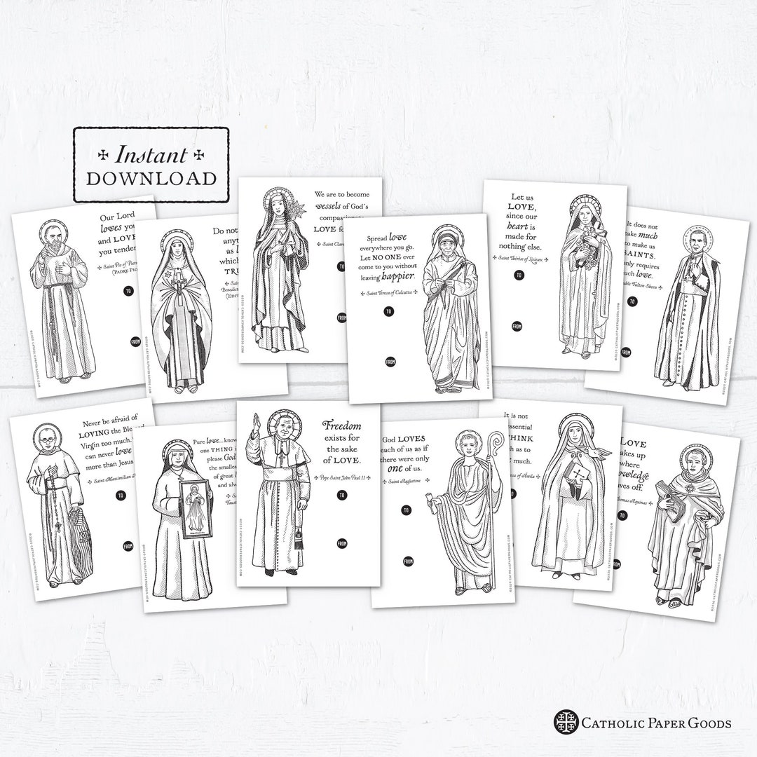 Catholic Saints Valentine Cards: Coloring Page Exchange Set (DIY ...