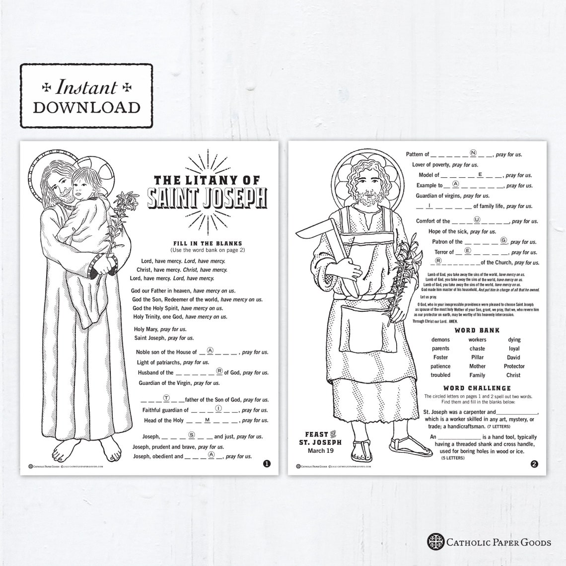 The Litany of Saint Joseph Catholic Coloring Pages and Word Game ...