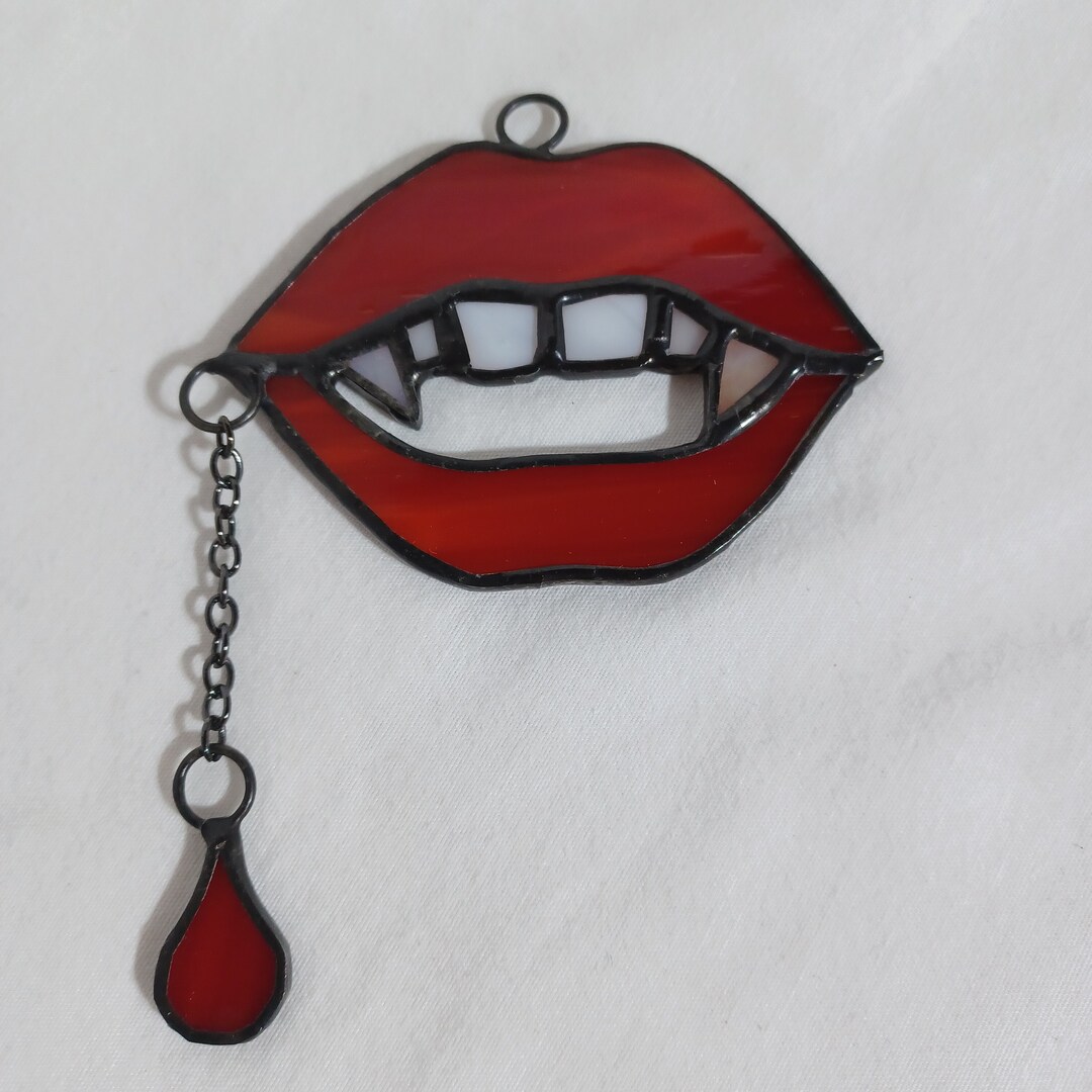 Stained Glass Vampire Fangs, Red Lips, White, Iridescent Glass, Blood ...