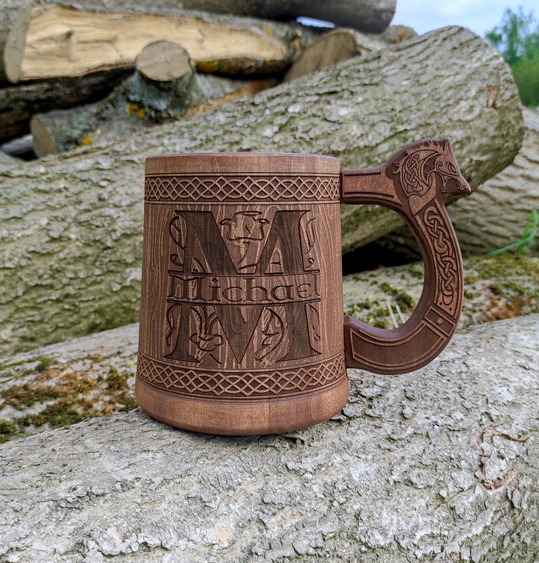 Fenrir Wooden Beer Mug, Celtic Knot Mug, Bottle Opener, Groomsmen Gift ...