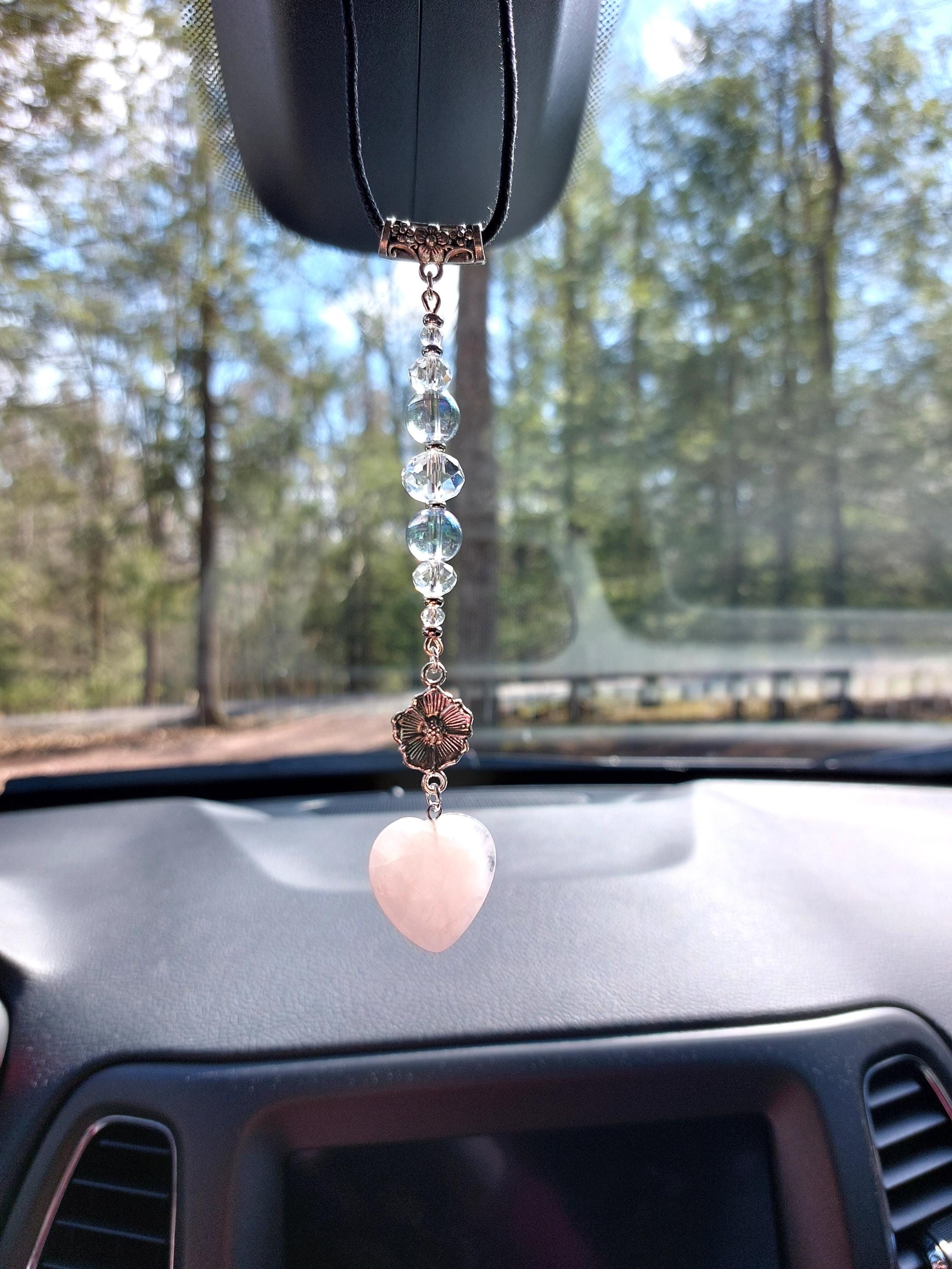 Rose Quartz Heart Car Charm: Love & Light Crystal Rear View Mirror ...