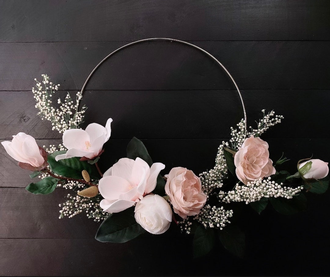 Spring Magnolia Wreath, Magnolia and Rose Wreath, Spring Hoop Wreath ...