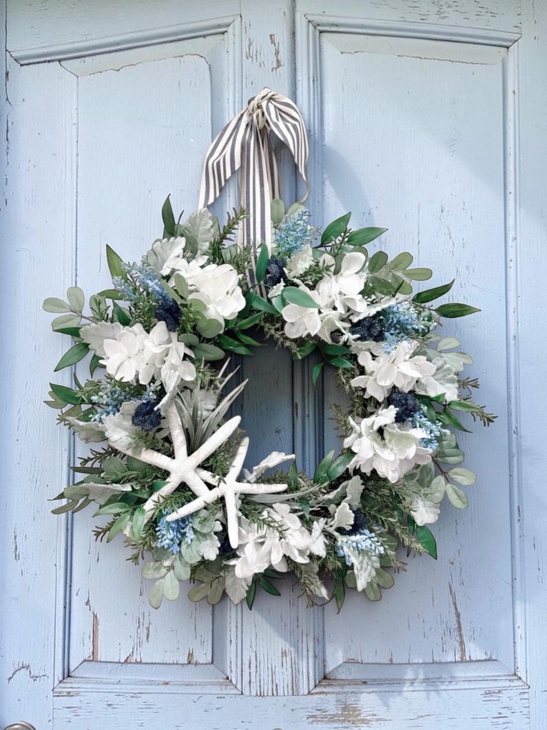 Coastal Hydrangea Wreath With Starfish, Summer Beach House Door Decor ...