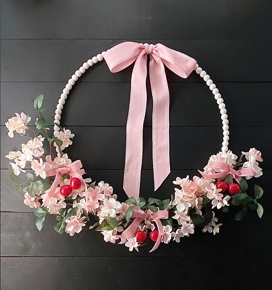 Cherry Blossom Wreath W/faux Cherries, Spring Wreath, Wood Beaded ...