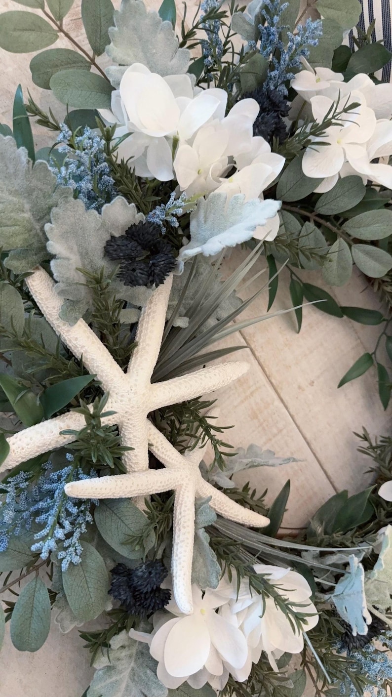 Coastal Hydrangea Wreath With Starfish, Summer Beach House Door Decor ...