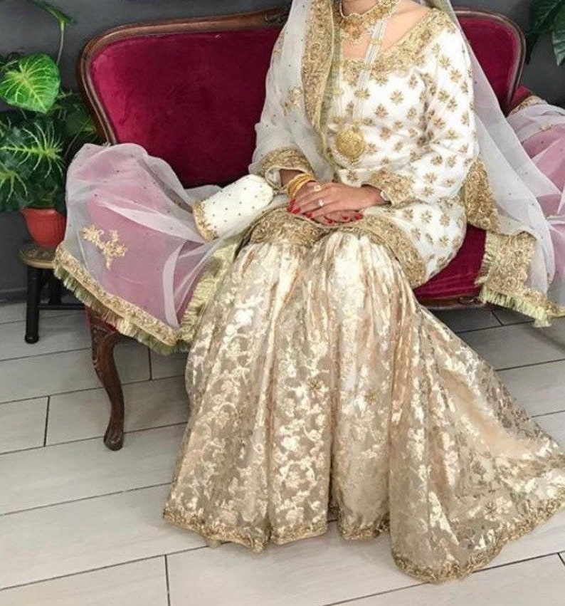 Nikkah/nikah Gharara Outfit White N Gold Pakistani Bride - Etsy