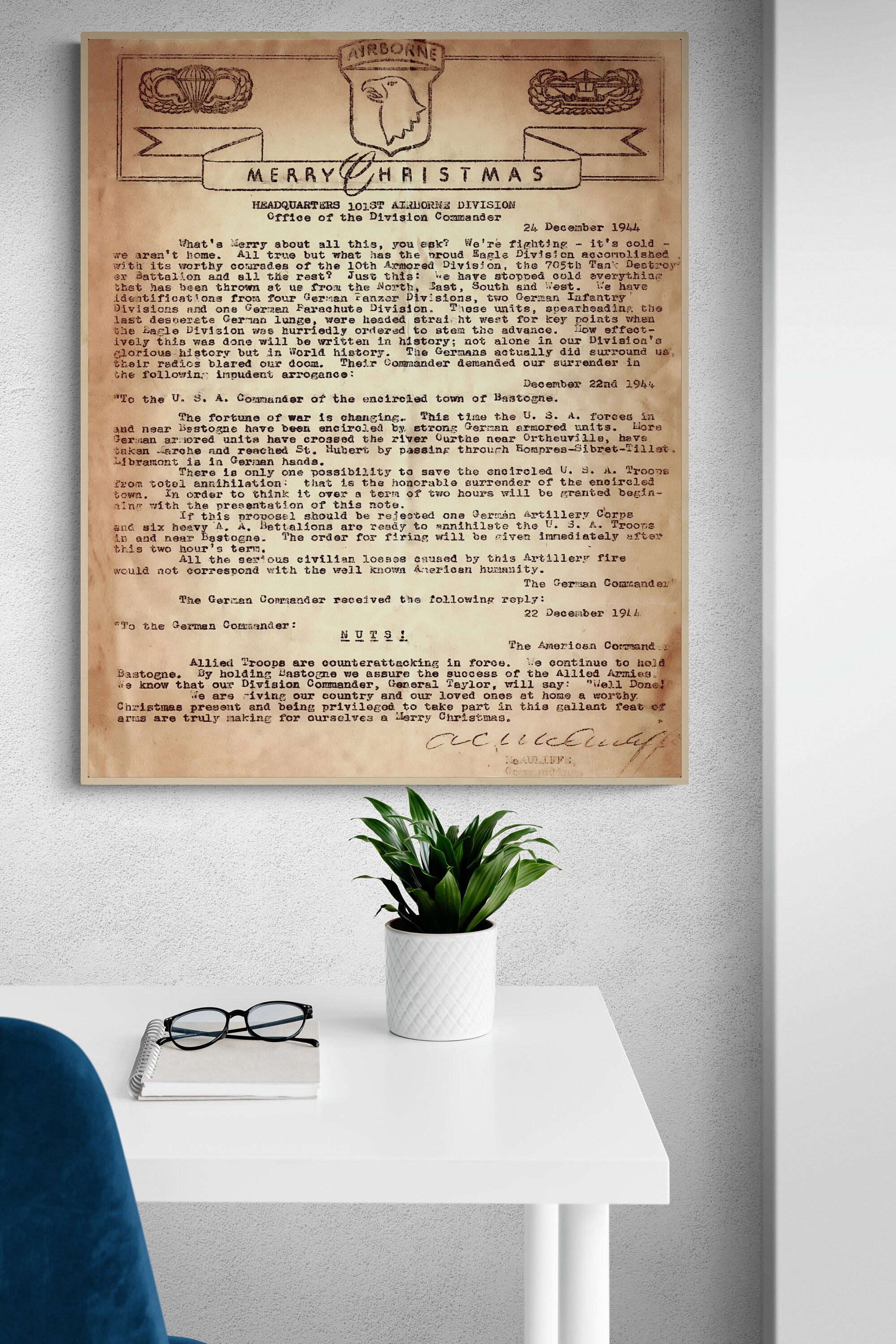 WW2 Military Letter Art Print | to the German Commander Nuts | Battle ...