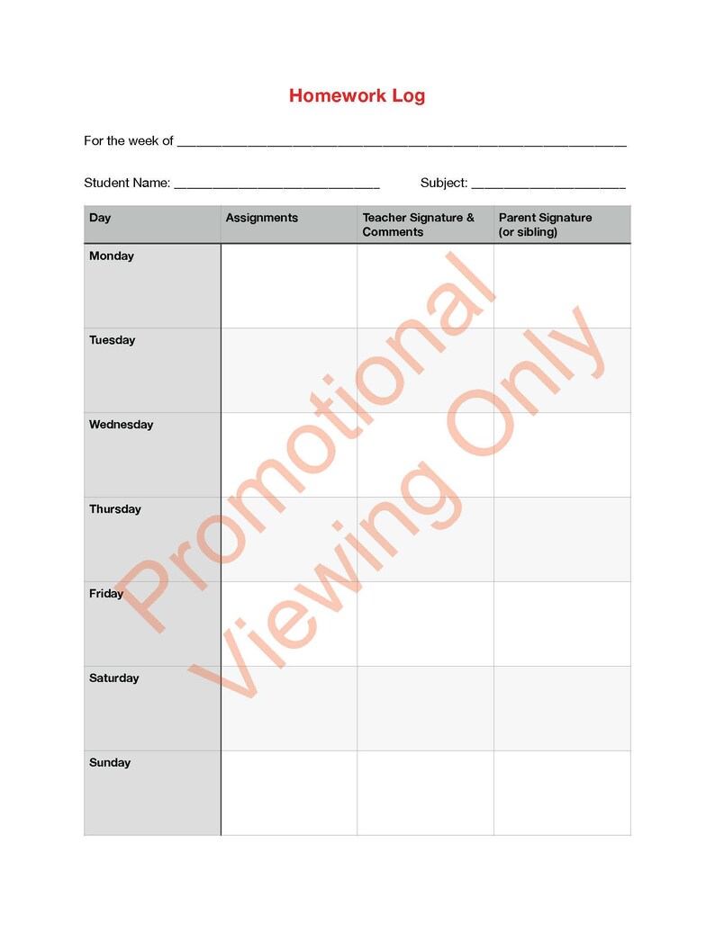 Homework Log Digital Download PDF File School Teacher - Etsy