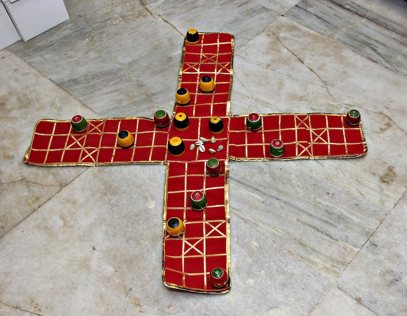 Handcrafted Pachisi Game Set: Indian Ludo, Wooden Pawns & Cloth Board ...