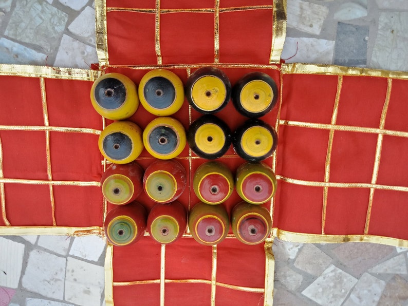 Handcrafted Pachisi Game Set: Indian Ludo, Wooden Pawns & Cloth Board ...