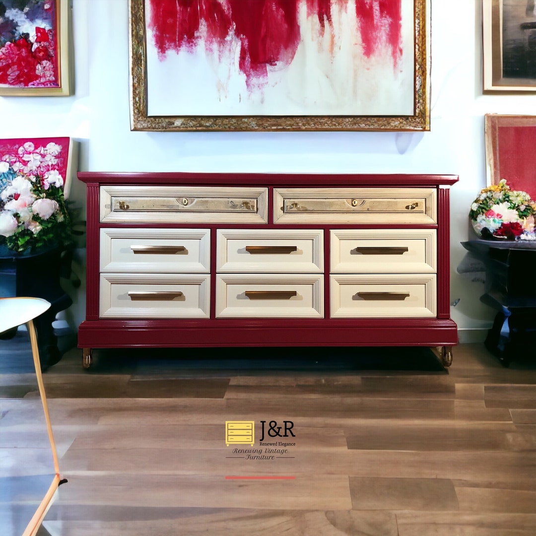 Vintage 8 Drawer Long Dresser Cherry Red - Etsy
