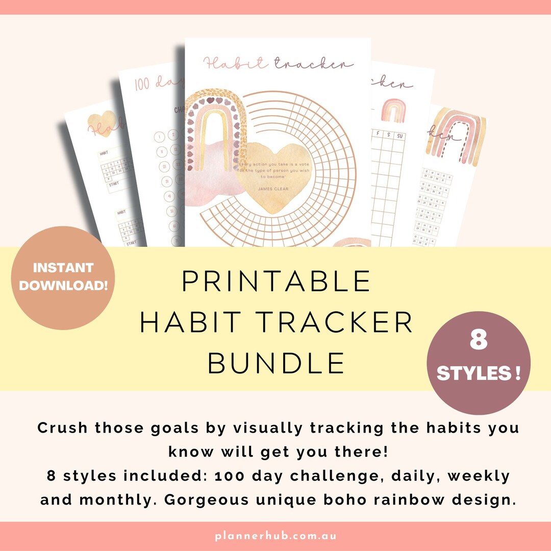 Habit Tracker Bundle, Printable, PDF, Boho Rainbow Design, Goal Setting ...