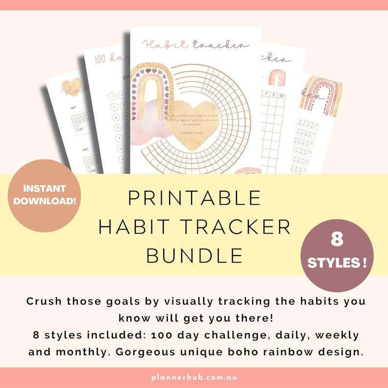 Habit Tracker Bundle, Printable, PDF, Boho Rainbow Design, Goal Setting ...