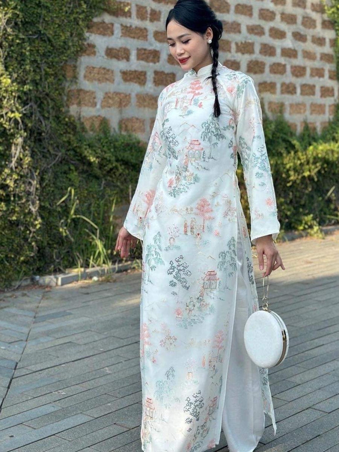 Modernized Ao Dai Lua to Embroidery Villages Pants Included off White ...