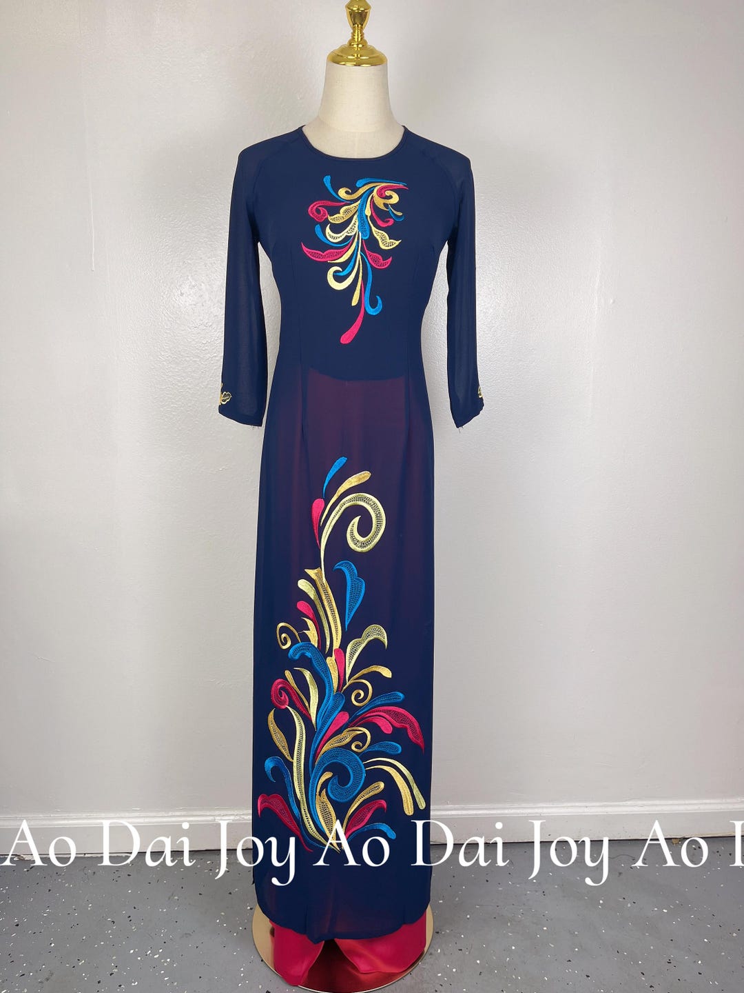 Ao Dai Joy - Golden Blue Fushia Pattern - Pre-made Vietnamese Long ...