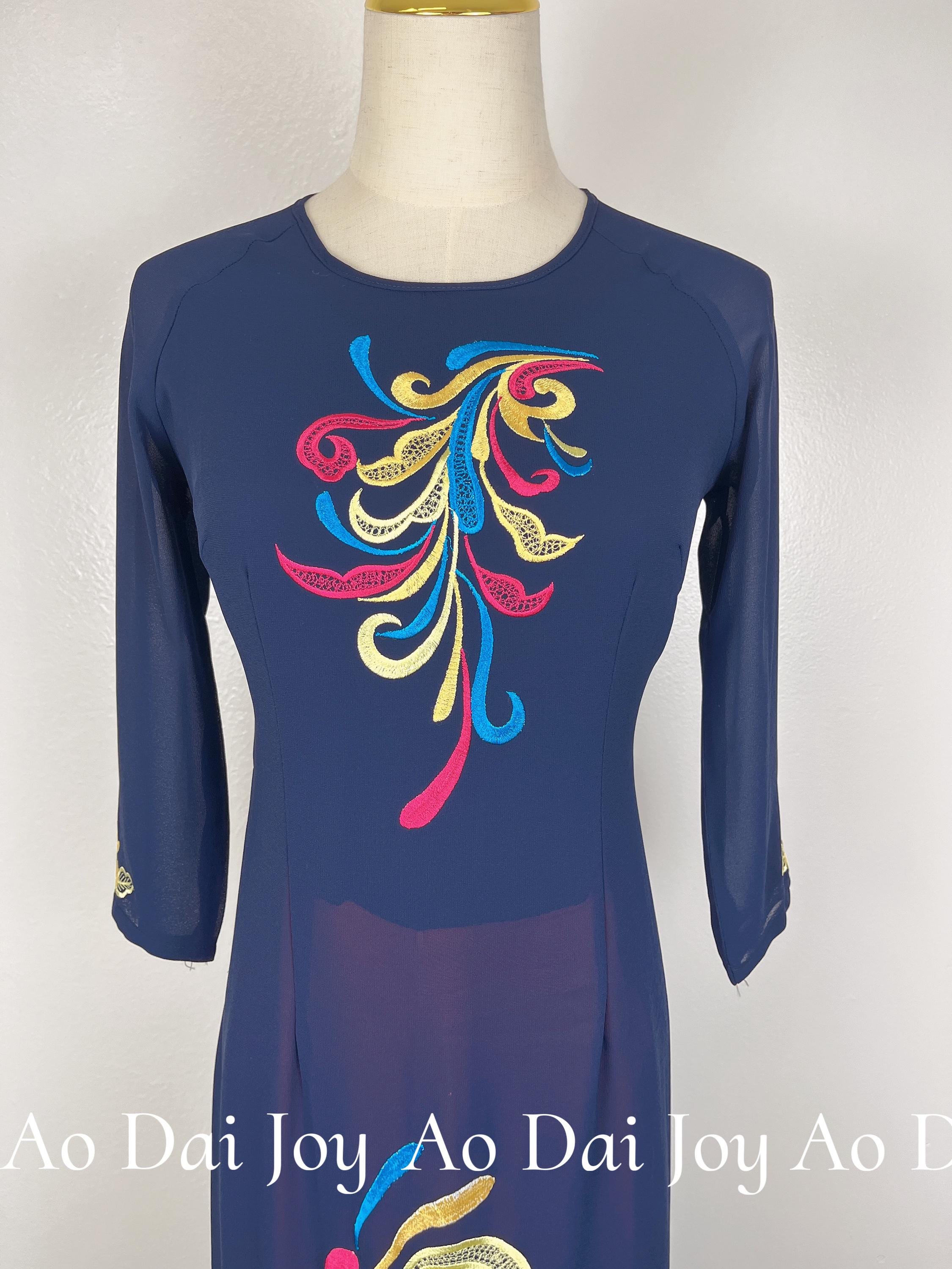 Ao Dai Joy - Golden Blue Fushia Pattern - Pre-made Vietnamese Long ...