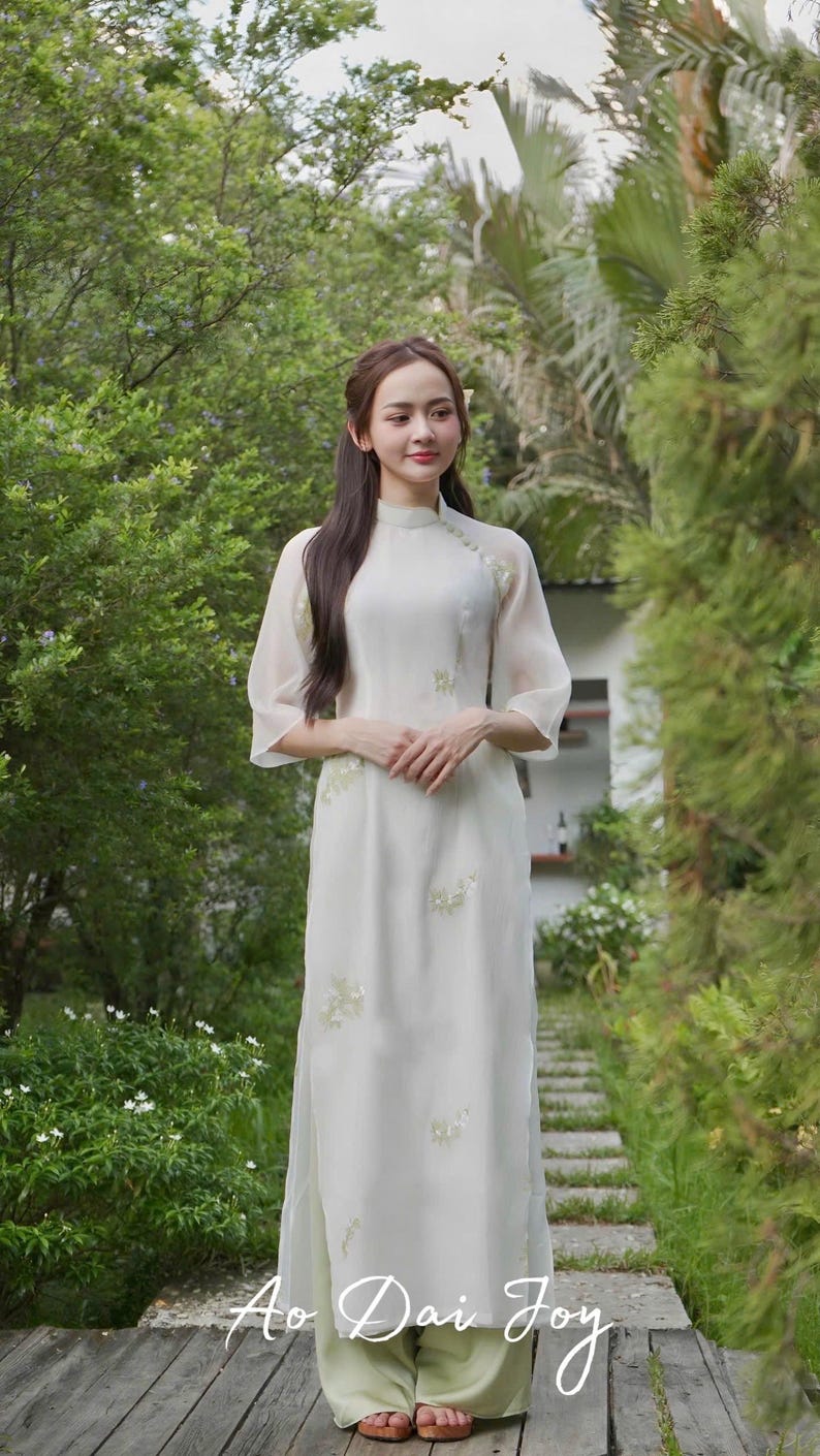 Light Green Áo Dài - Double Layers - Embroidery Flowers Ao Dai - Pants ...