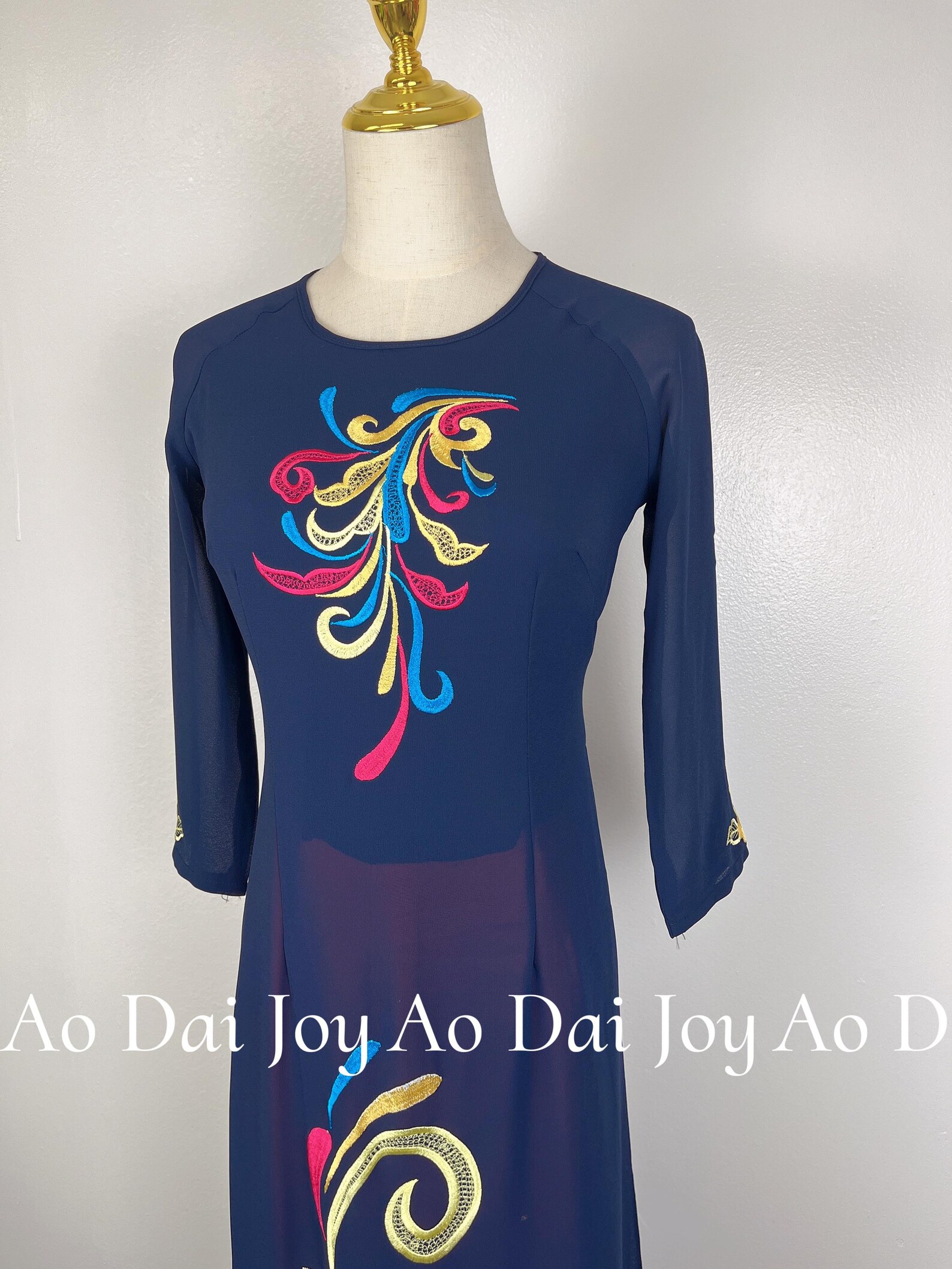 Ao Dai Joy - Golden Blue Fushia Pattern - Pre-made Vietnamese Long ...