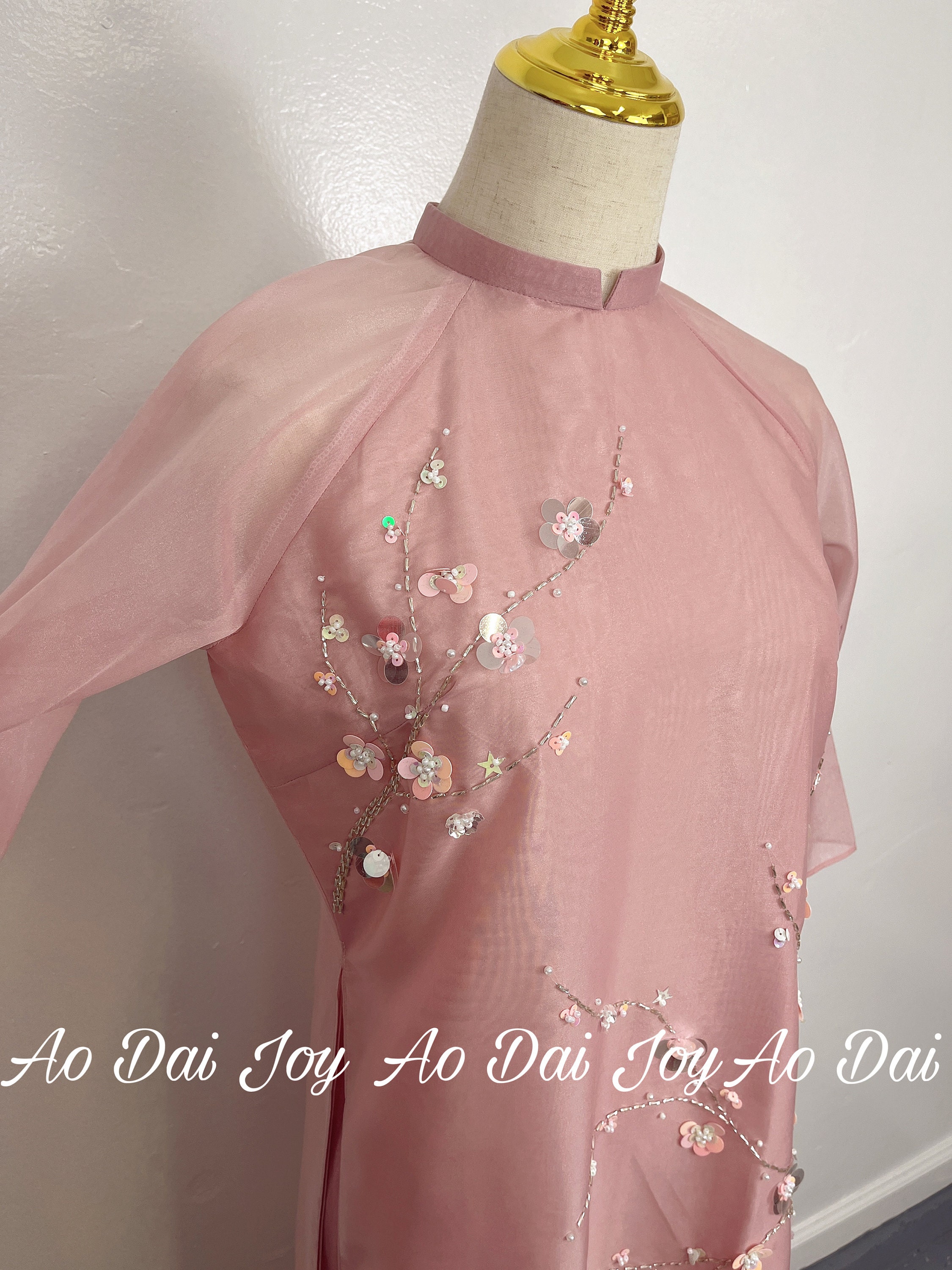 Modernized Ao Dai Lua to Double Layers Handmade Little Flowers Mustard ...