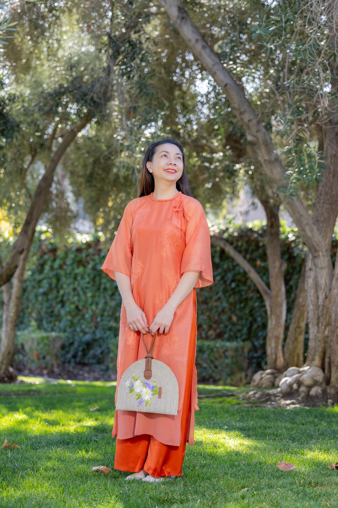 Modernized Ao Dai Lua to Flowers Embroidery Hot Orange Color Pants ...