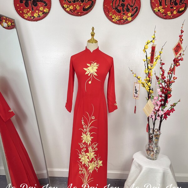 Modernized Ao Dai Lua to Embroidery Villages Pants Included off White ...