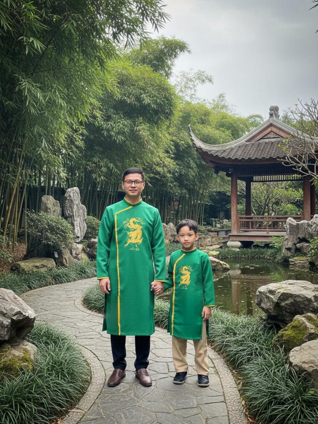 Dad & Son Matching Áo Dài - Green Color - Golden Embroidery - for All ...