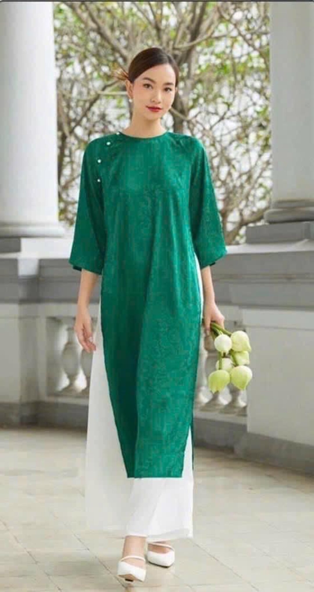 Gấm Hoa Xoay - Bottle Green Color - Loose Ao Dai - White Pants Included ...