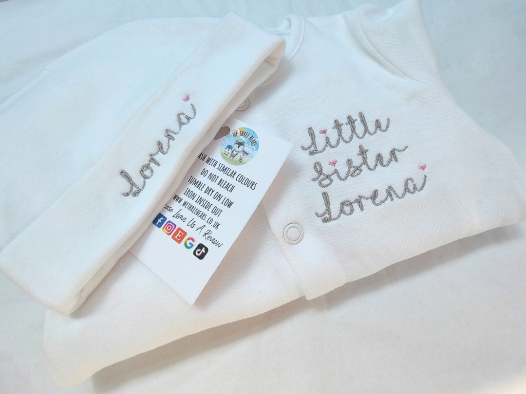 Embroidered Personalised Baby Sleepsuit for a Little Sister or Little ...