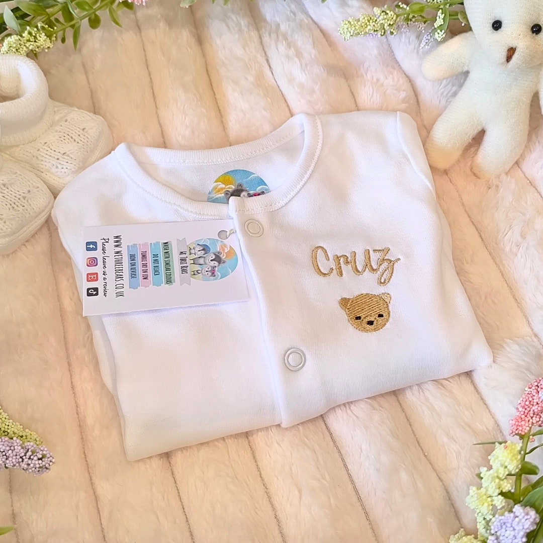 Personalised Baby Sleepsuit: Embroidered Teddy Bear, Custom Name ...