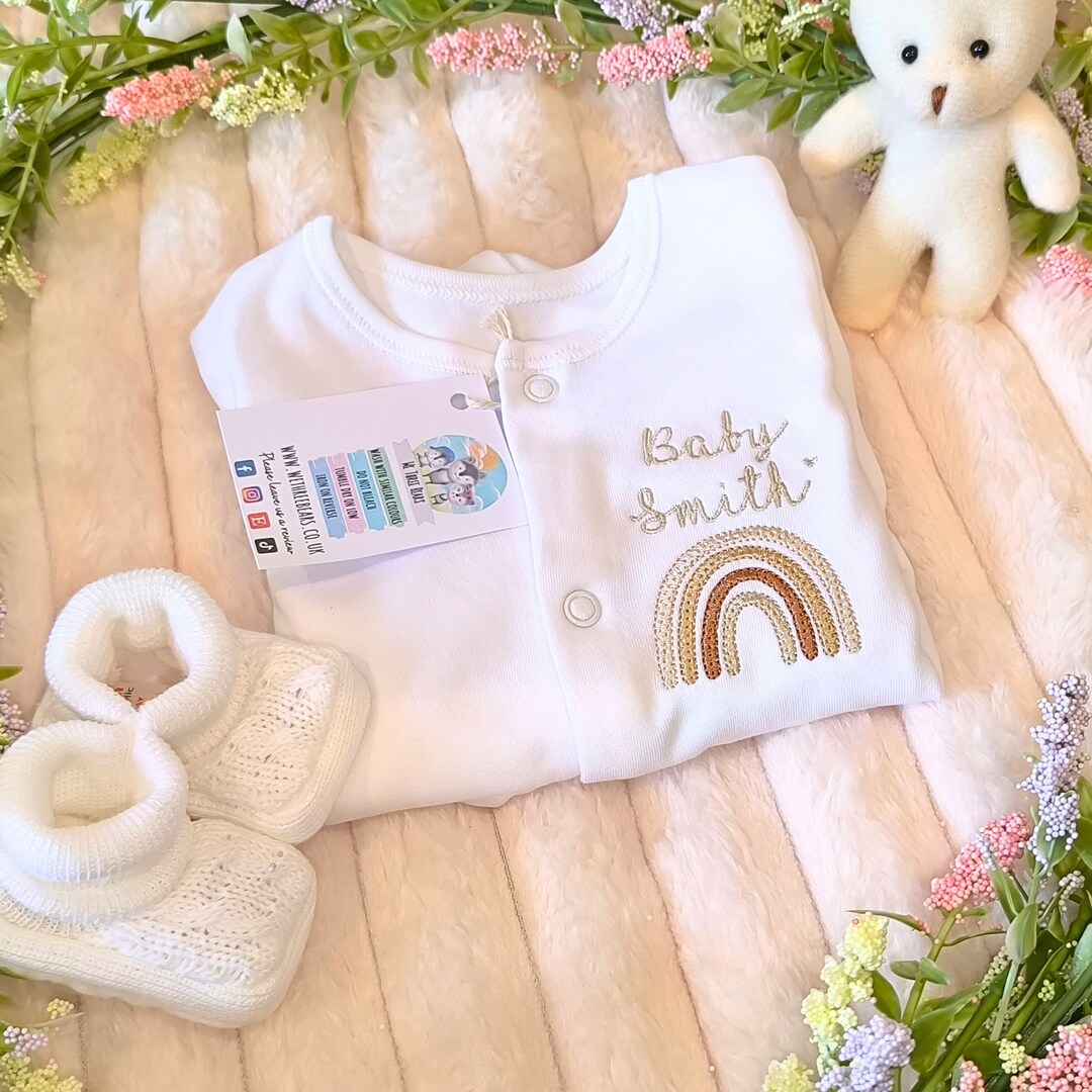 Personalised Baby Sleepsuit / Embroidered Sleepsuit With Rainbow / Baby ...